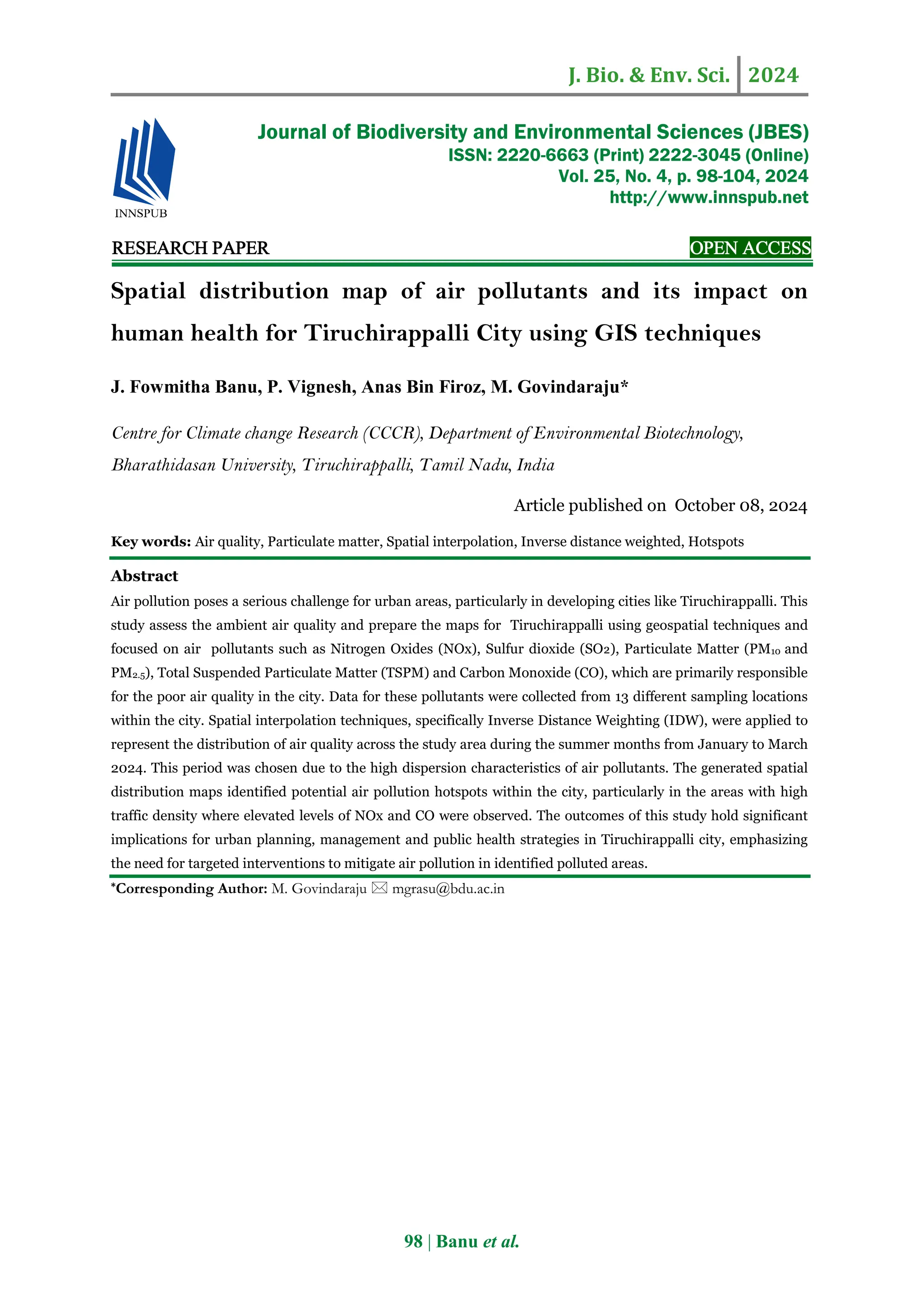 Spatial distribution map of air pollutants and its impact on human health for Tiruchirappalli ...
