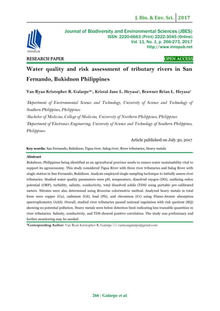 Water quality and risk assessment of tributary rivers in San Fernando ...