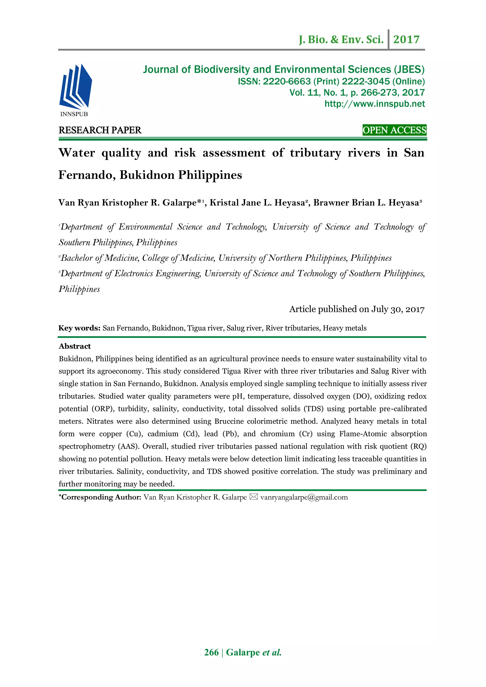 Water quality and risk assessment of tributary rivers in San Fernando, Bukidnon Philippines-JBES ...