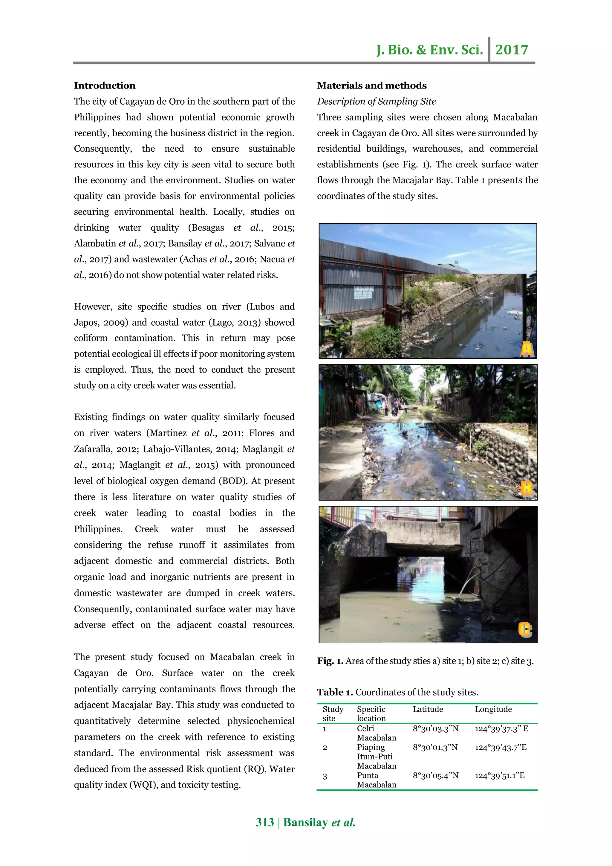 Environmental risk assessment of Macabalan creek water in Cagayan de Oro, Philippines - JBES ...