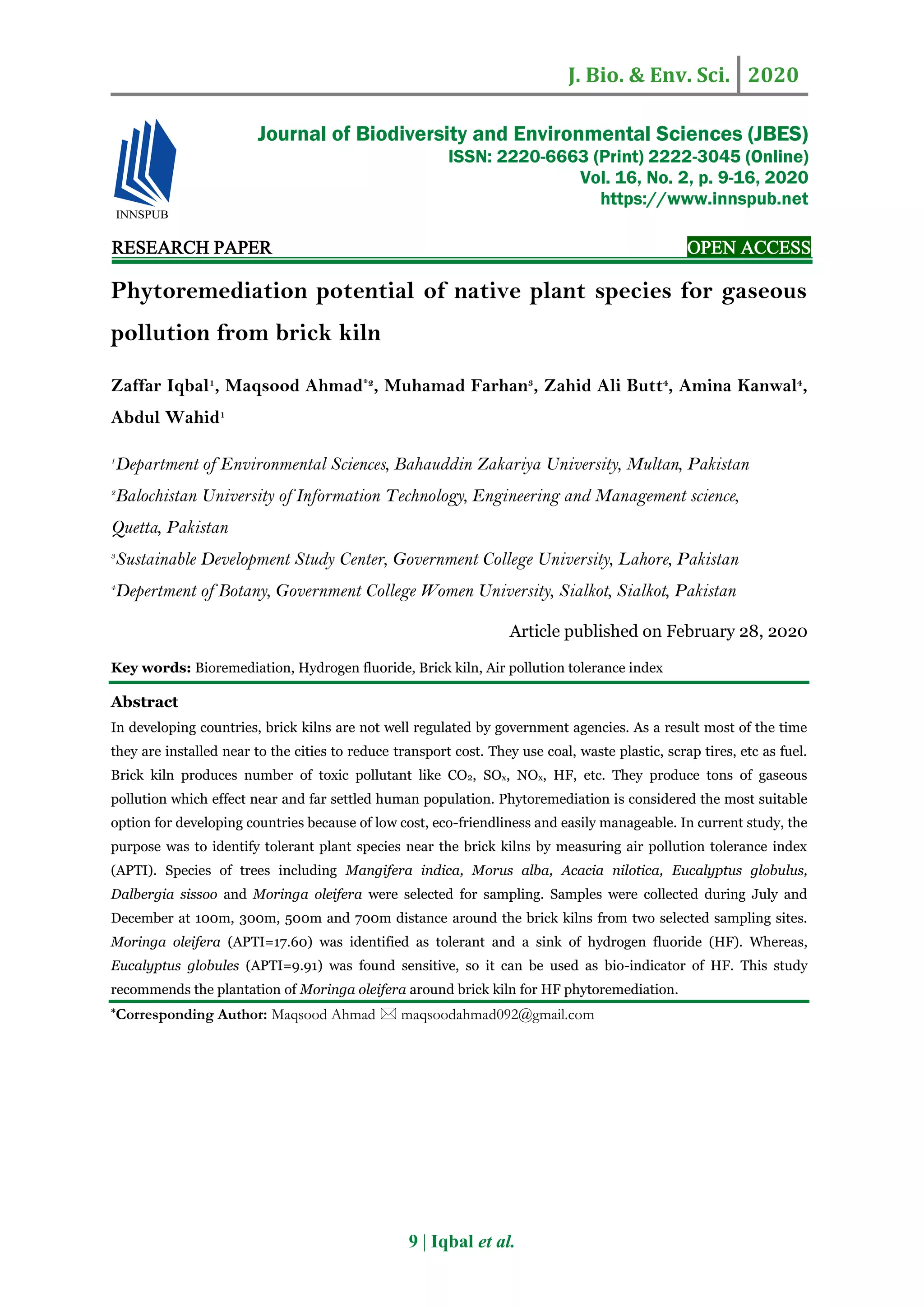 Phytoremediation potential of native plant species for gaseous ...