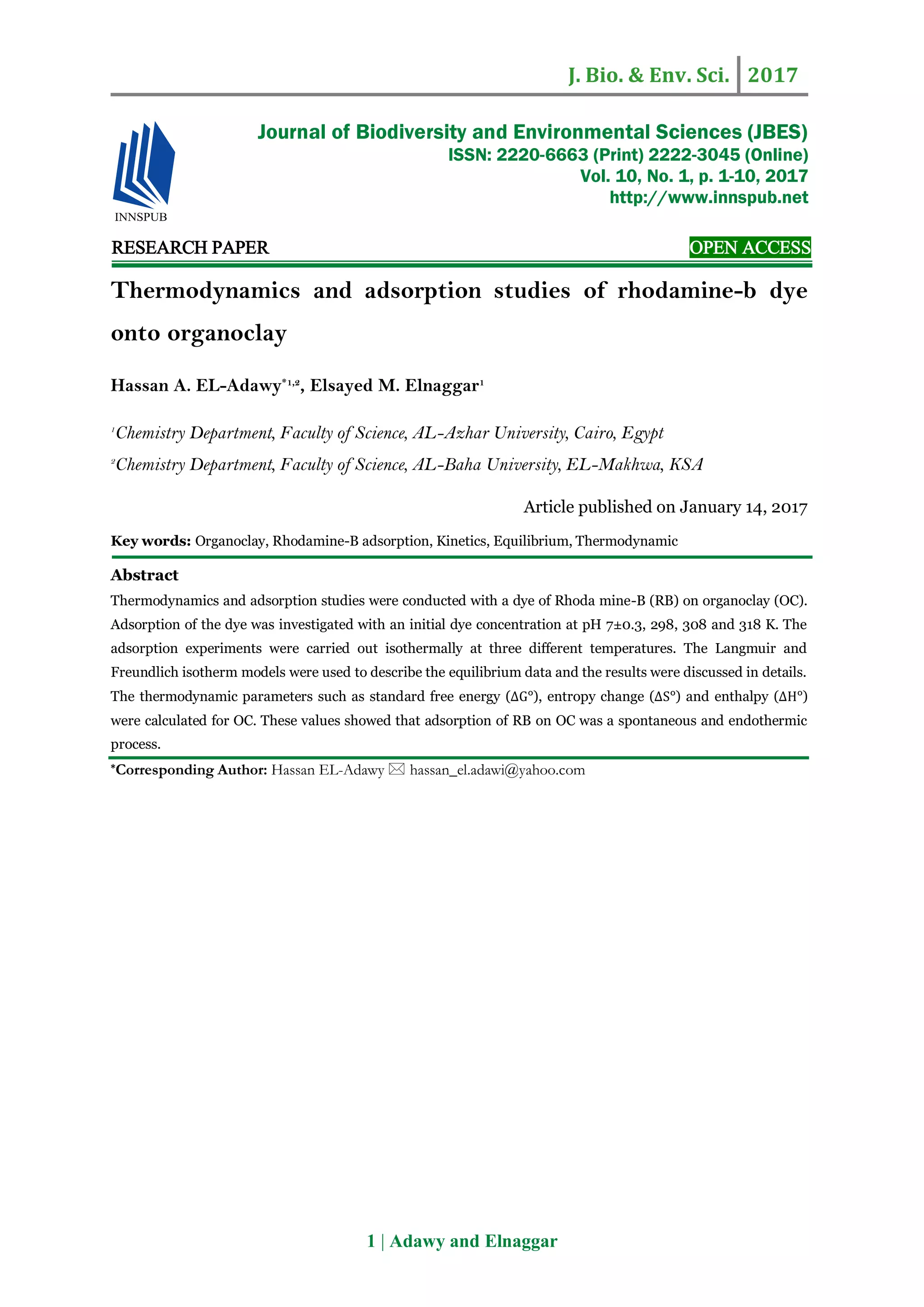 Thermodynamics and adsorption studies of rhodamine-b dye onto organoclay | PDF