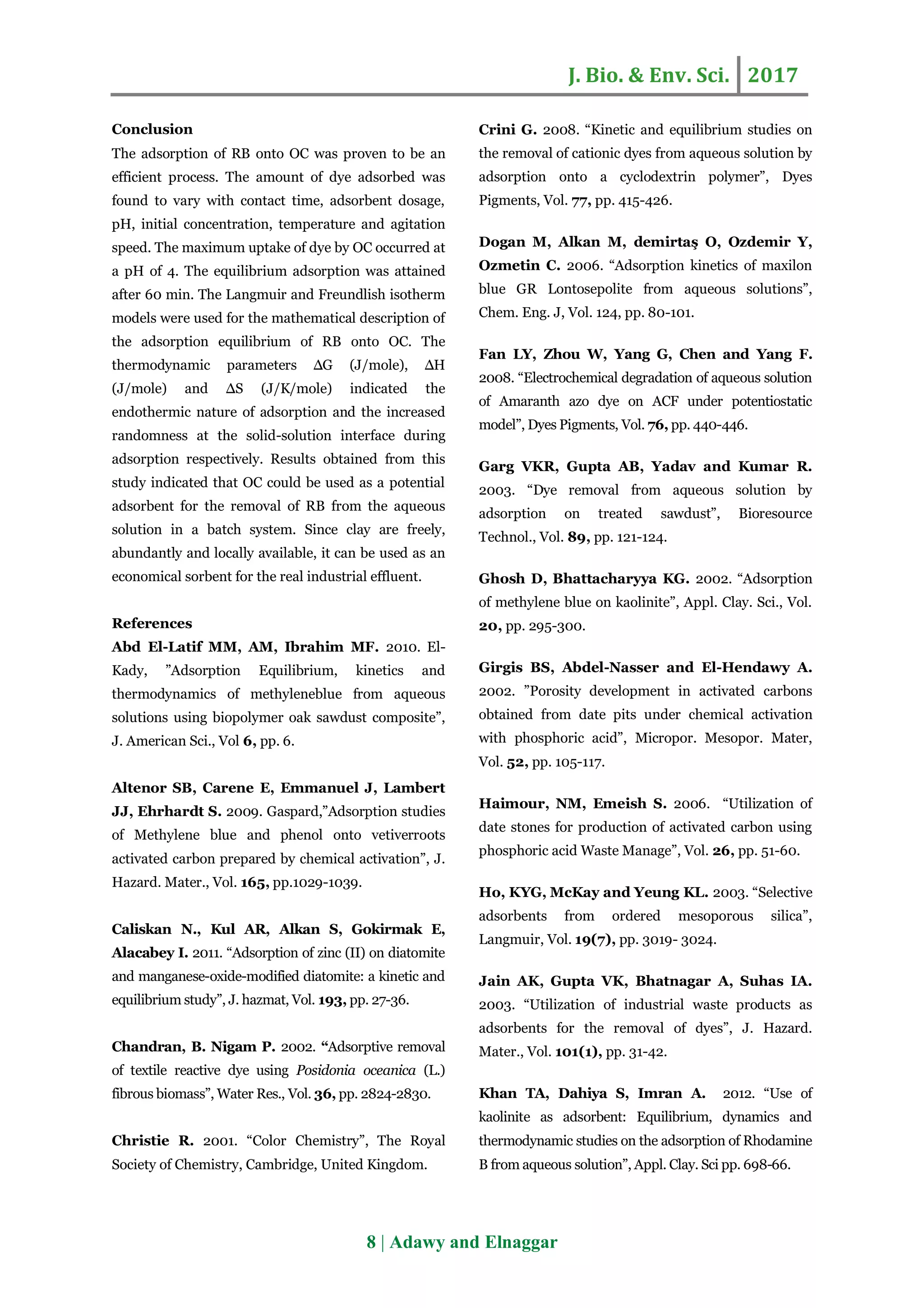 Thermodynamics and adsorption studies of rhodamine-b dye onto organoclay | PDF
