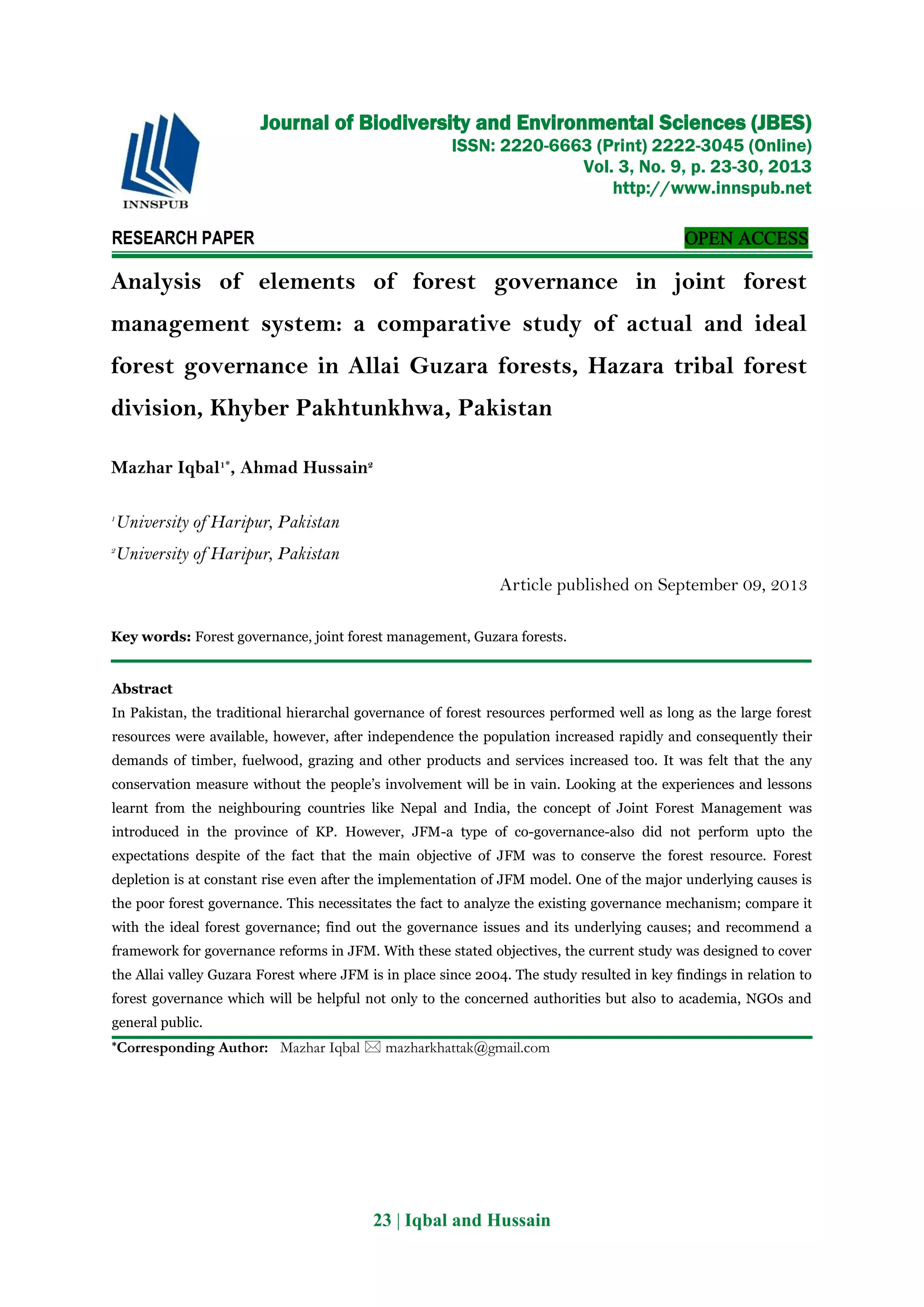 Analysis of elements of forest governance in joint forest management ...