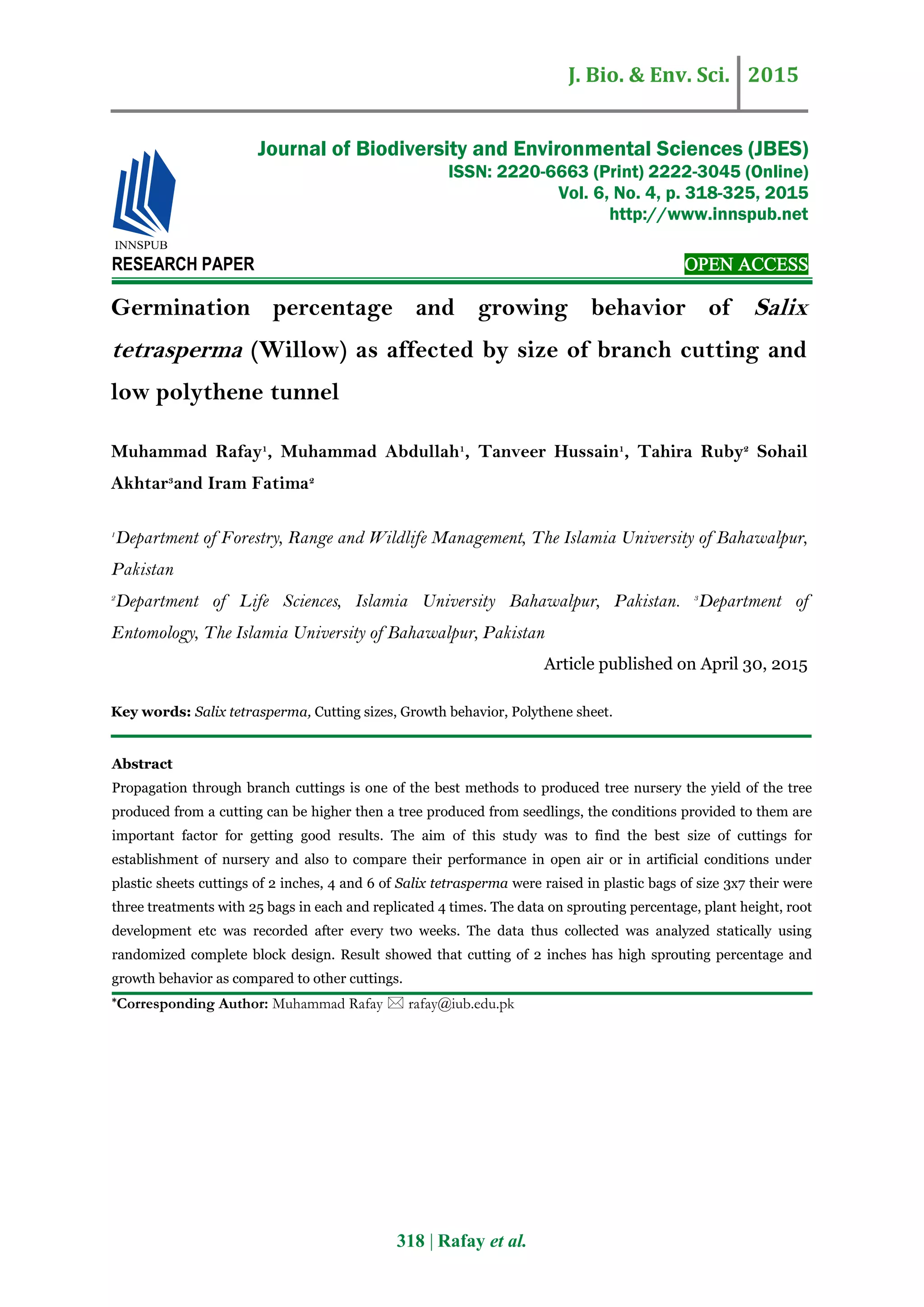 Germination percentage and growing behavior of Salix tetrasperma ...
