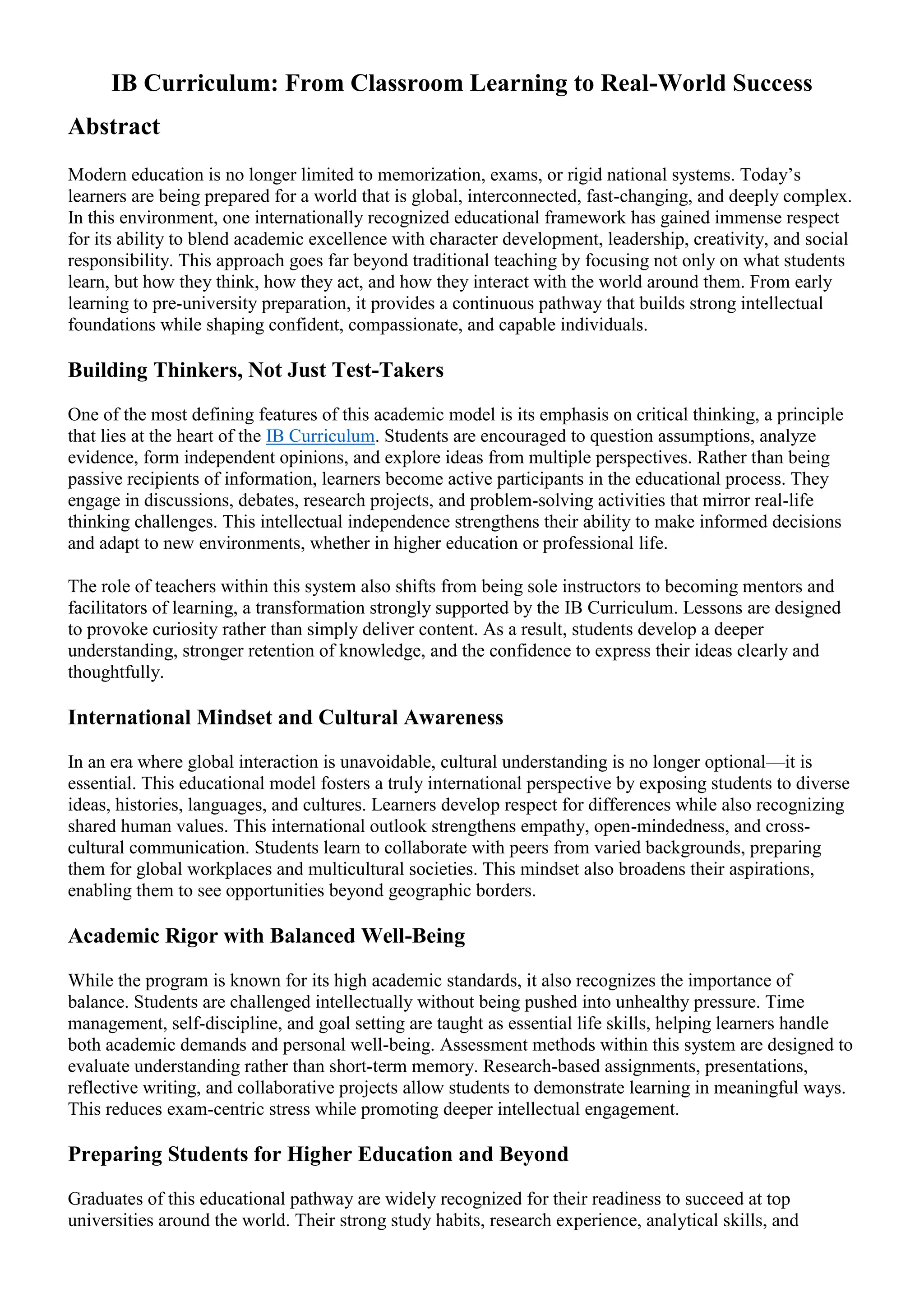 IB Curriculum: From Classroom Learning to Real-World Success | PDF