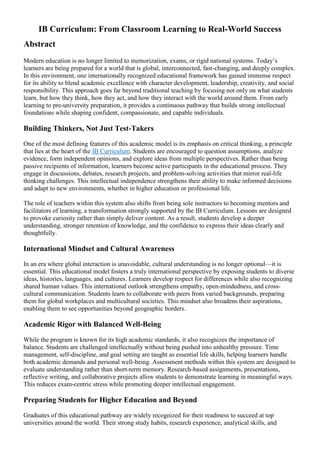 IB Curriculum: From Classroom Learning to Real-World Success | PDF