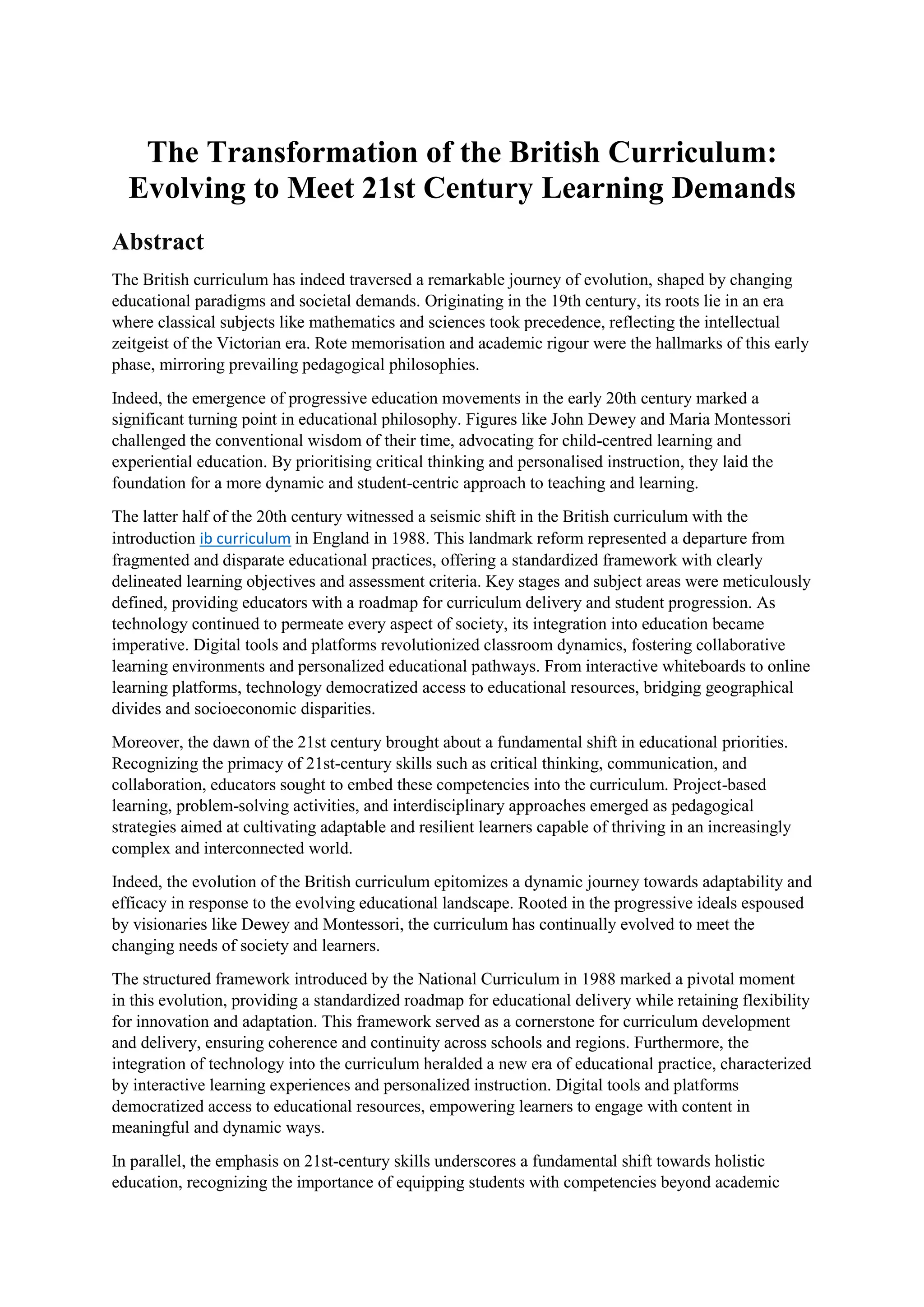 The Transformation of the British Curriculum: Evolving to Meet 21st ...