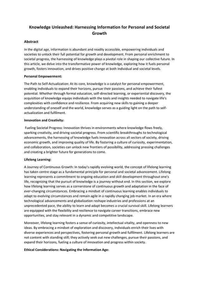 Knowledge Unleashed: Harnessing Information for Personal and Societal Growth | PDF ...