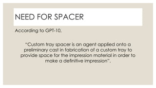 different spacers used in complete denture impressions | PPTX
