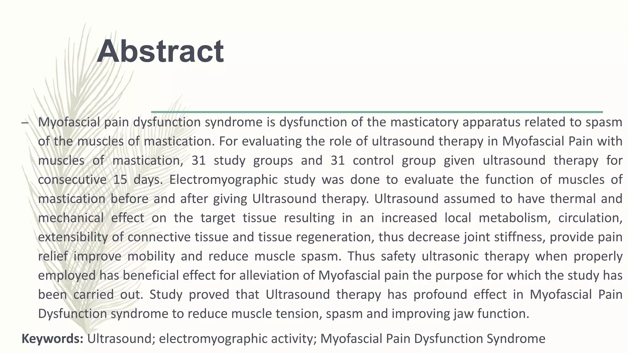 Journal Club Impact of Ultra Sound Therapy on Myofascial Pain ...