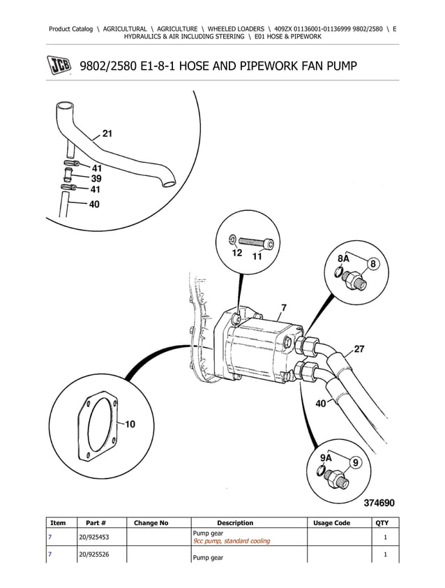 JCB 409ZX Wheeled Loader Parts Catalogue Manual (Serial Number 01136001 ...