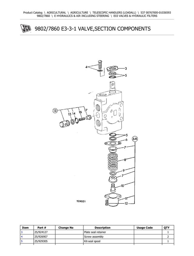 JCB 537 Telescopic Handlers (Loadall) Parts Catalogue Manual (Serial ...