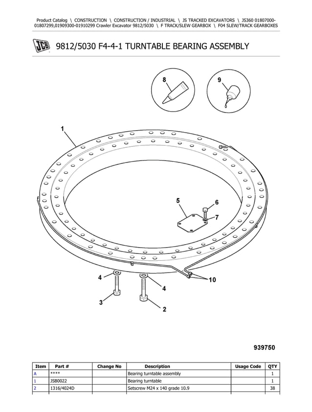 JCB JS360 TRACKED EXCAVATOR Parts Catalogue Manual (Serial Number ...