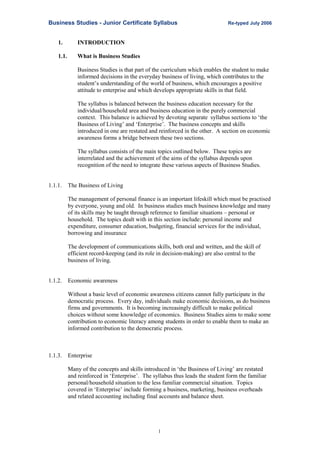 Junior Certificate Business Studies Syllabus | DOC