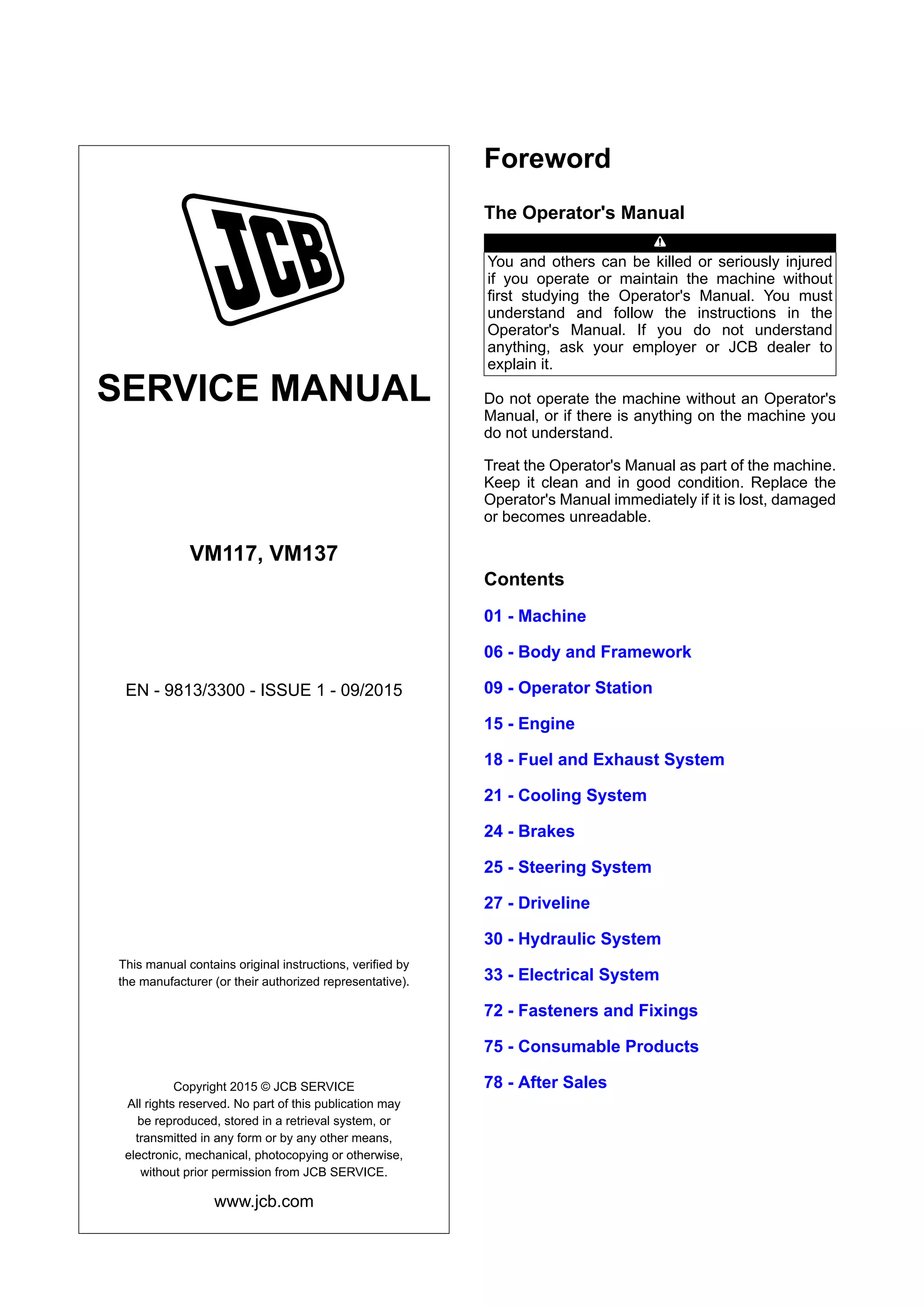 Jcb vm117 tier 4i vibratory roller service repair manual (from 2170051 ...