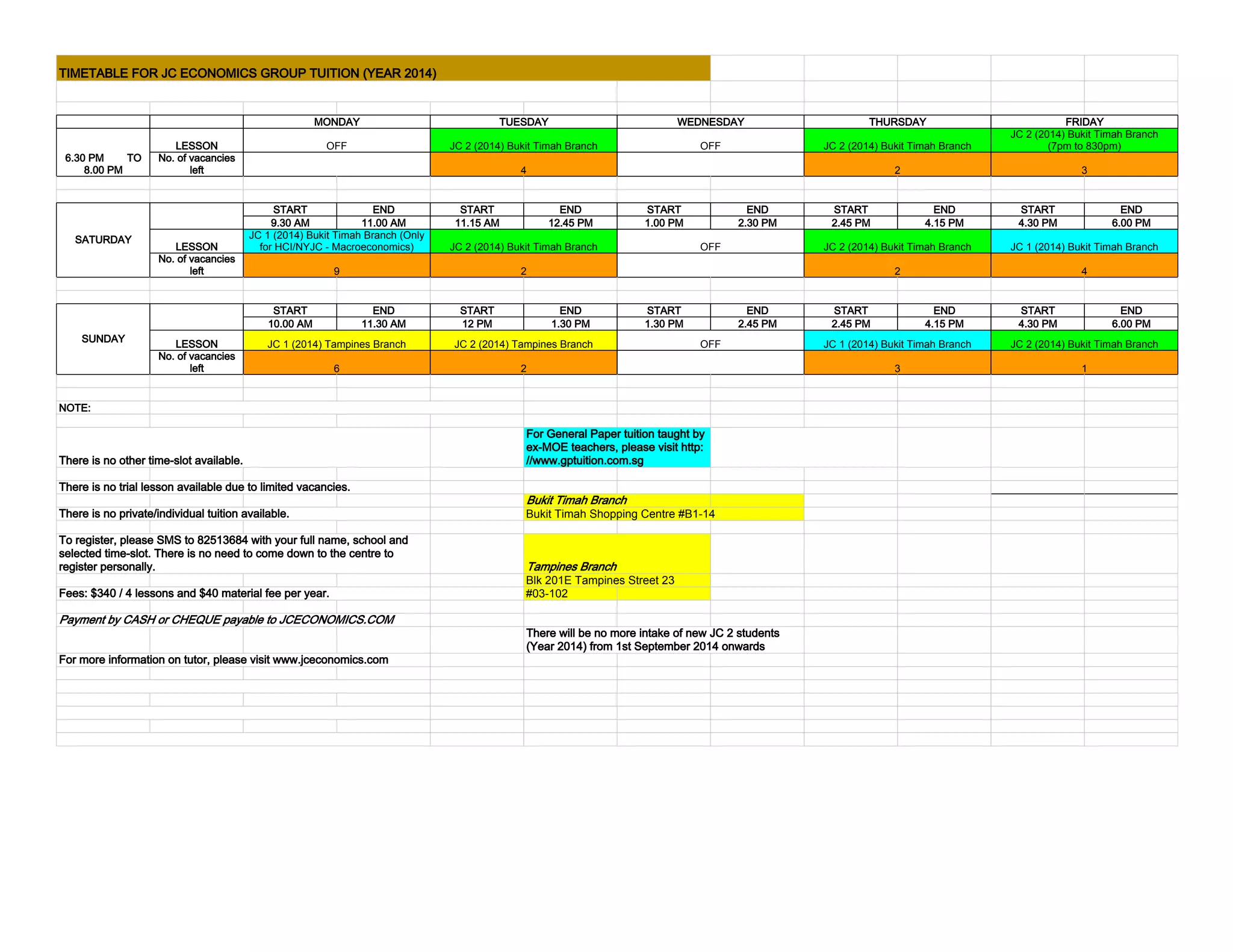 JC Economics Tuition Timetable Year 2014 | PDF