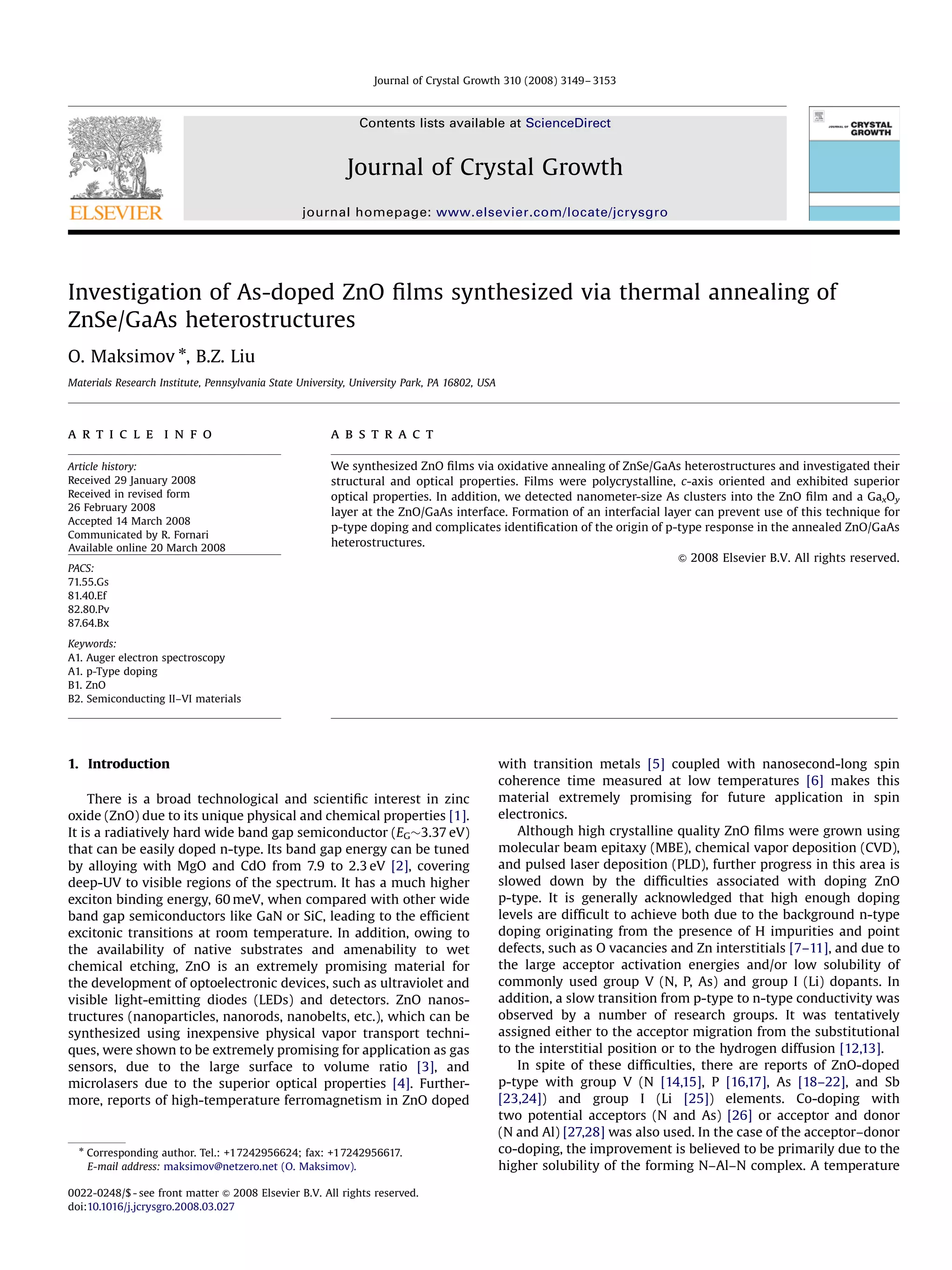 Investigation Of As Doped Zno Films Synthesized Via Thermal Annealing Of Znse Gaas