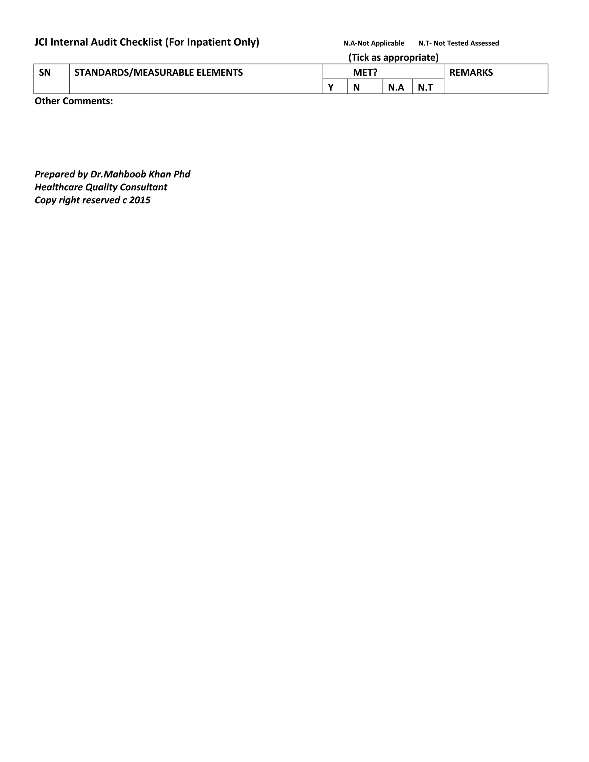 JCI Internal Audit Checklist By-Dr.Mahboob Khan Phd | PDF