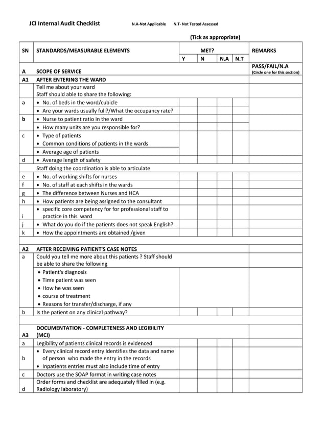 JCI Internal Audit Checklist By-Dr.Mahboob Khan Phd | PDF