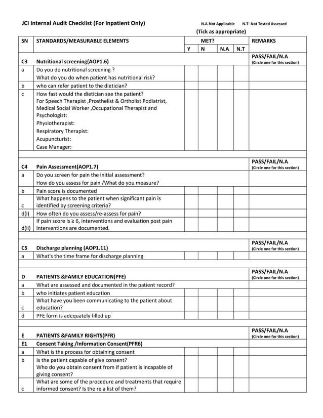 JCI Internal Audit Checklist By-Dr.Mahboob Khan Phd | PDF