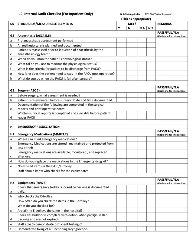 JCI Internal Audit Checklist By-Dr.Mahboob Khan Phd | PDF