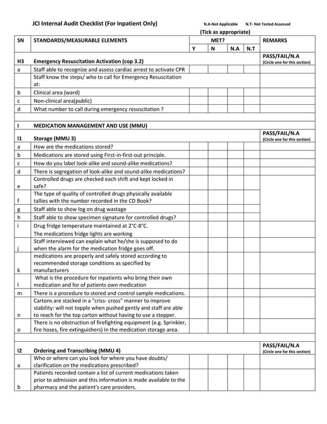 JCI Internal Audit Checklist By-Dr.Mahboob Khan Phd | PDF