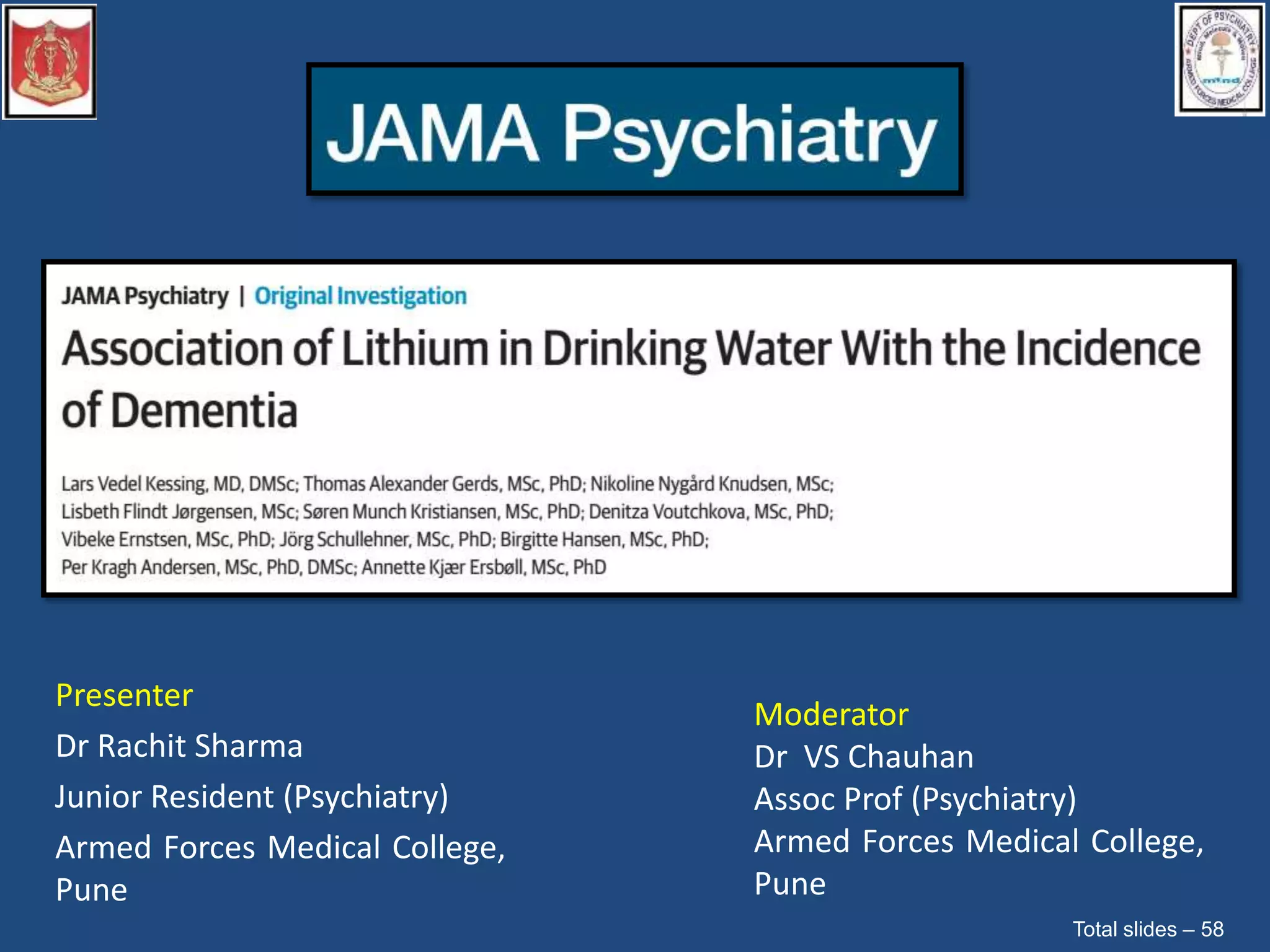 JOURNAL CLUB - Association of Lithium in Drinking Water With the ...
