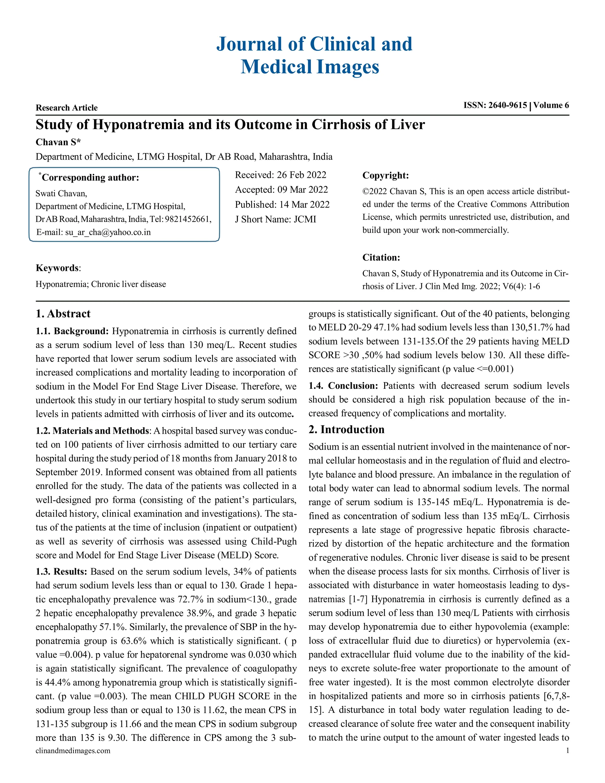 Study of Hyponatremia and its Outcome in Cirrhosis of Liver | PDF