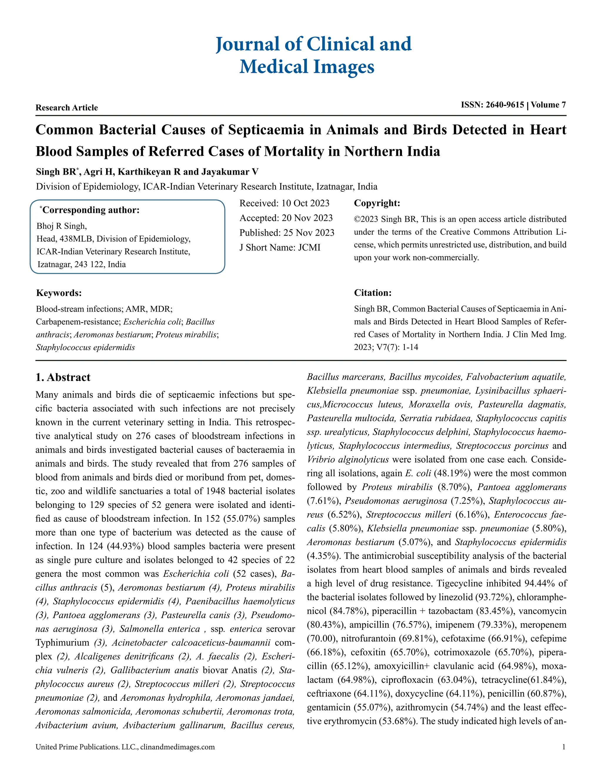 Common Bacterial Causes of Septicaemia in Animals and Birds Detected in ...