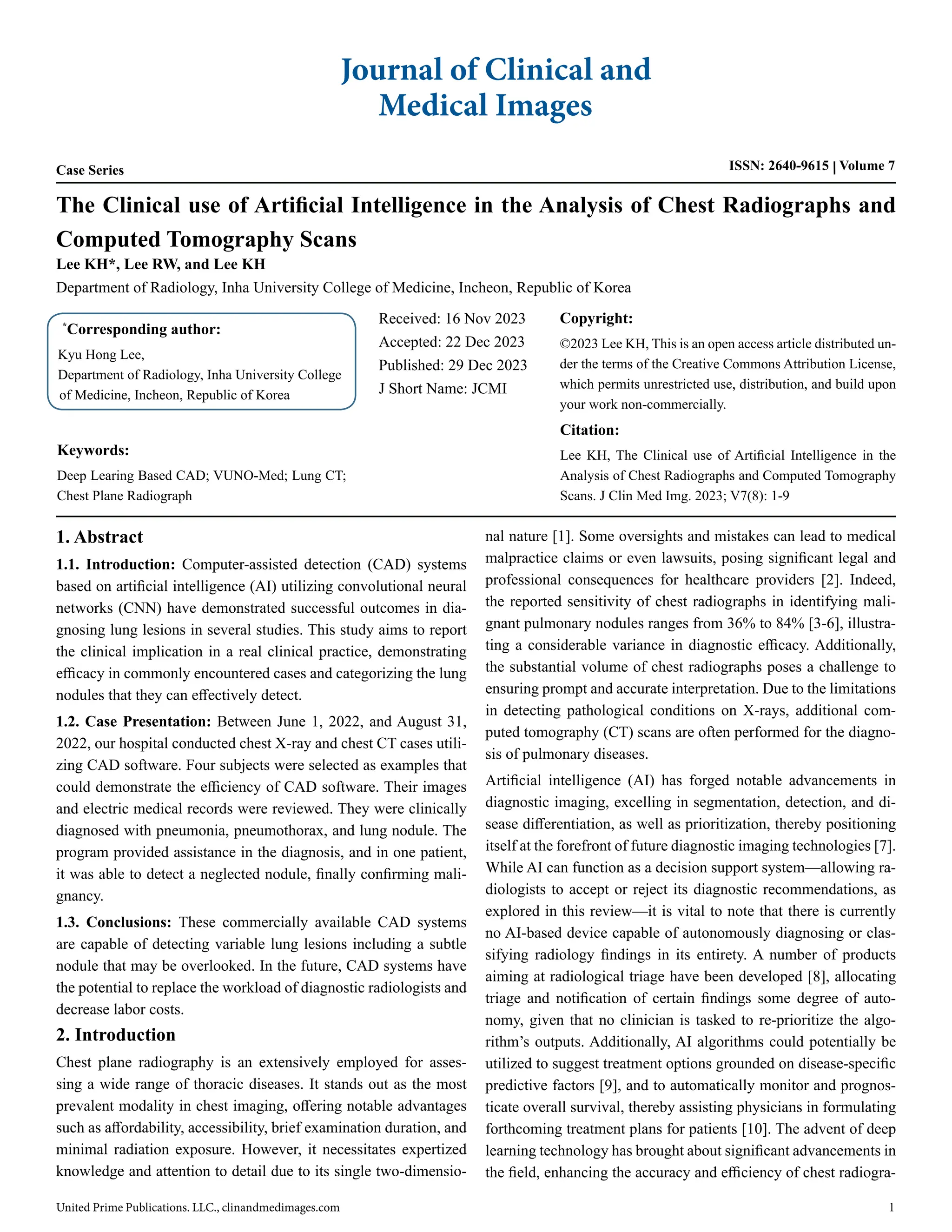The Clinical use of Artificial Intelligence in the Analysis of Chest Radiographs and Computed ...