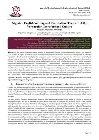 Nigerian English Writing and Translation: The Fate of the Vernacular ...