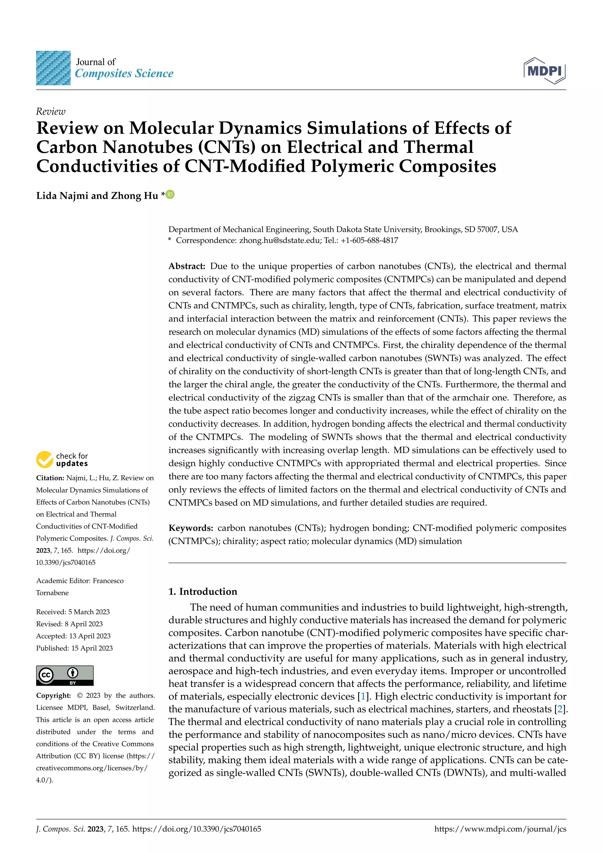 Review On Molecular Dynamics Simulations Of Effects Of Carbon Nanotubes Cnts On Electrical And