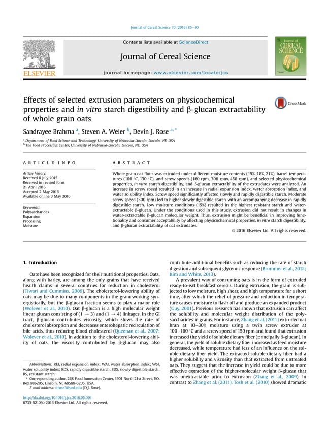 Effects Of Selected Extrusion Parameters On Physicochemical Properties And In Vitro Starch