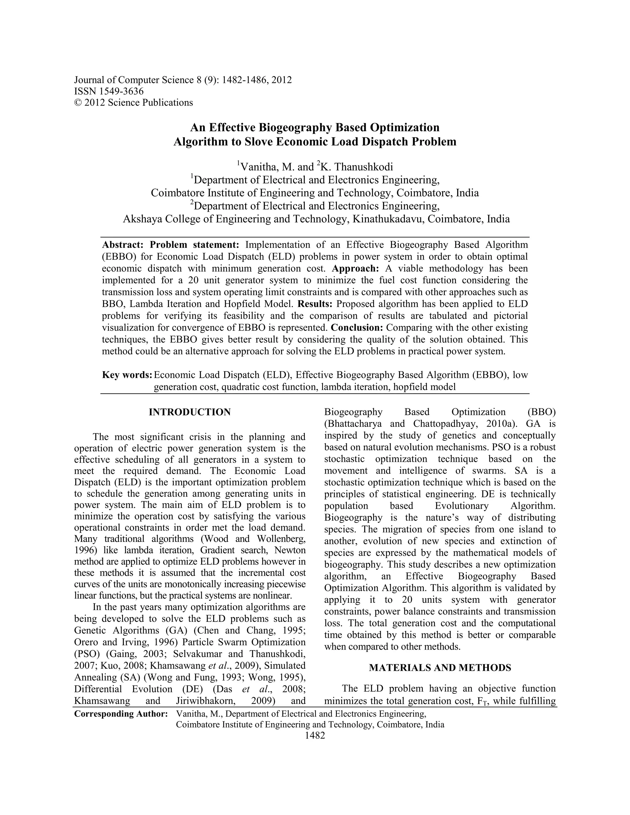An Effective Biogeography Based Optimization Algorithm to Slove Economic Load Dispatch Problem | PDF