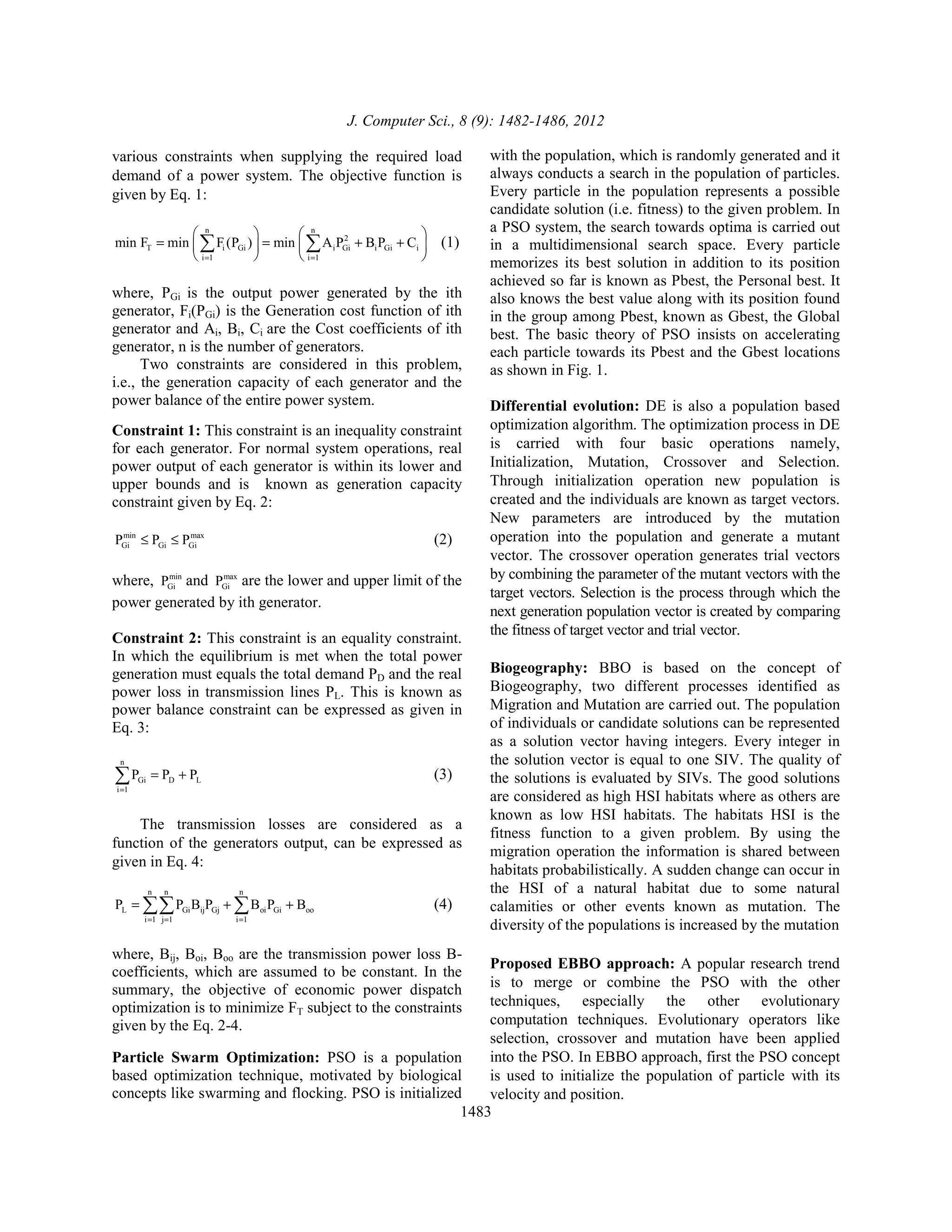 An Effective Biogeography Based Optimization Algorithm to Slove Economic Load Dispatch Problem | PDF