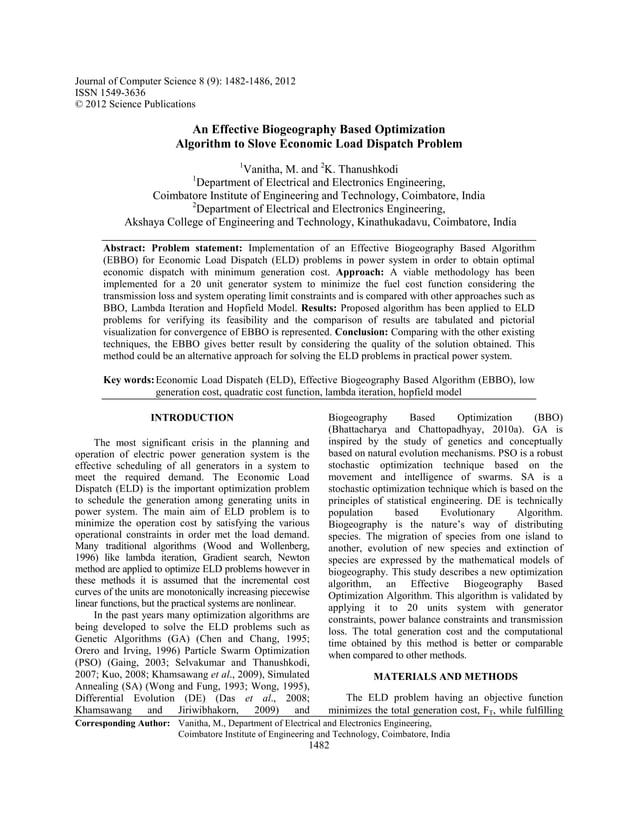 An Effective Biogeography Based Optimization Algorithm to Slove Economic Load Dispatch Problem ...