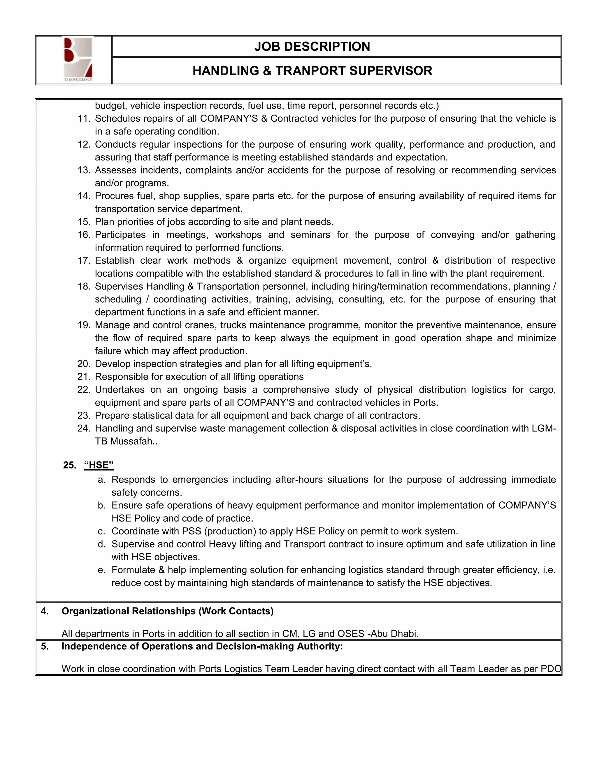 JD - HANDLING & TRANSPORT SUPERVISOR | PDF