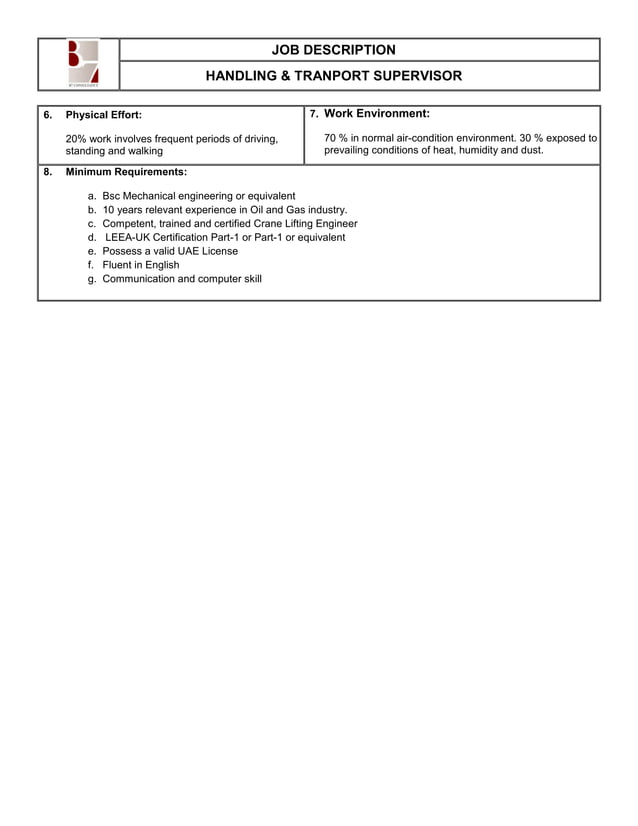 JD - HANDLING & TRANSPORT SUPERVISOR | PDF
