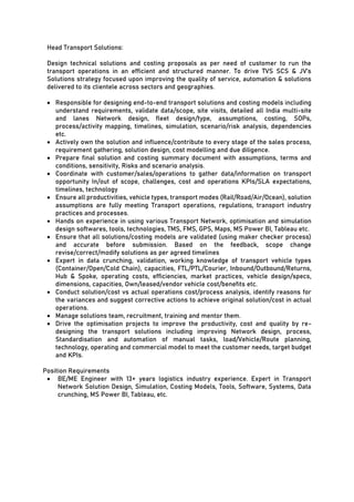 JD - Head Transport Solutions job description | PDF