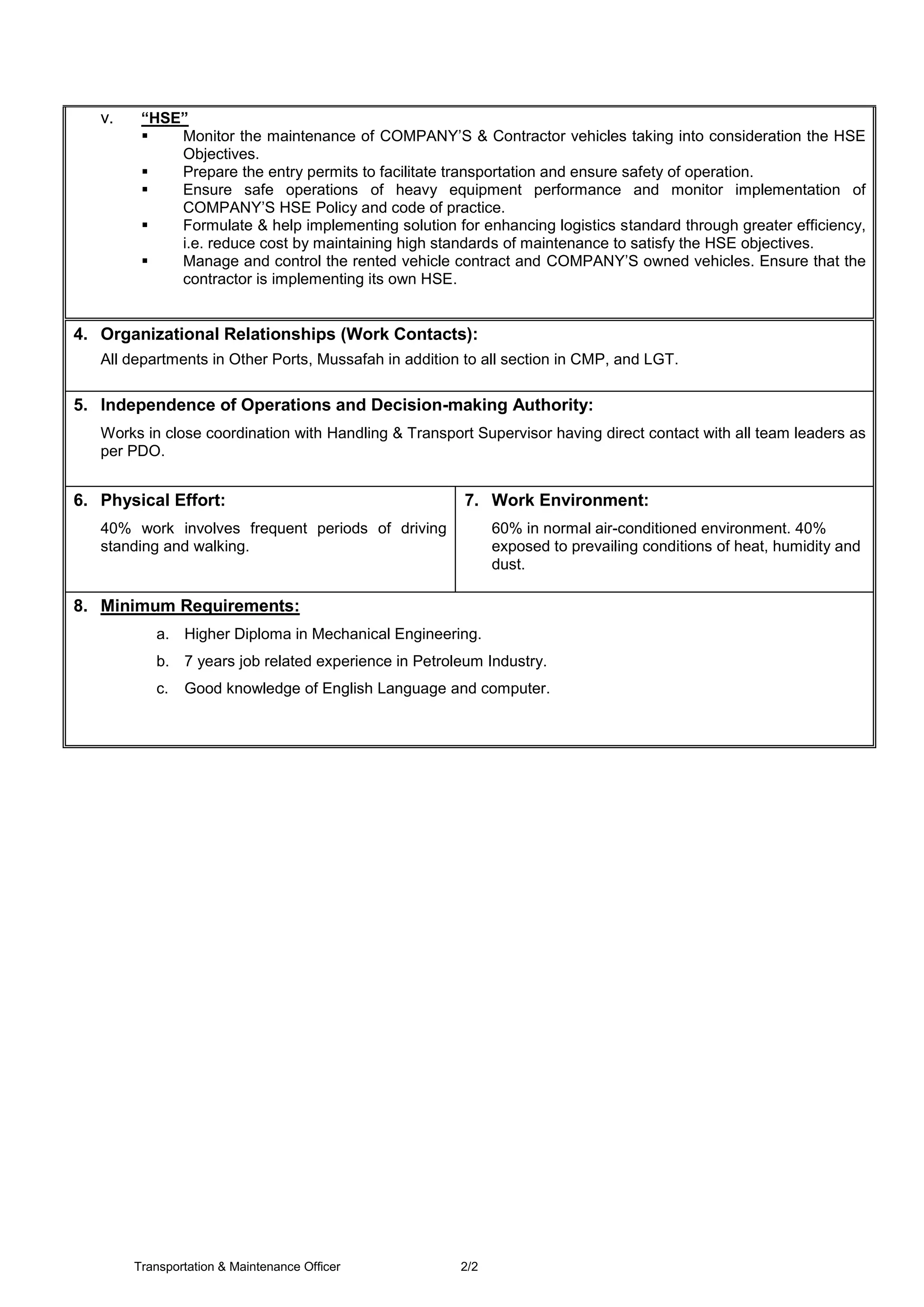 JD - TRANSPORTATION MAINTENANCE OFFICER | PDF