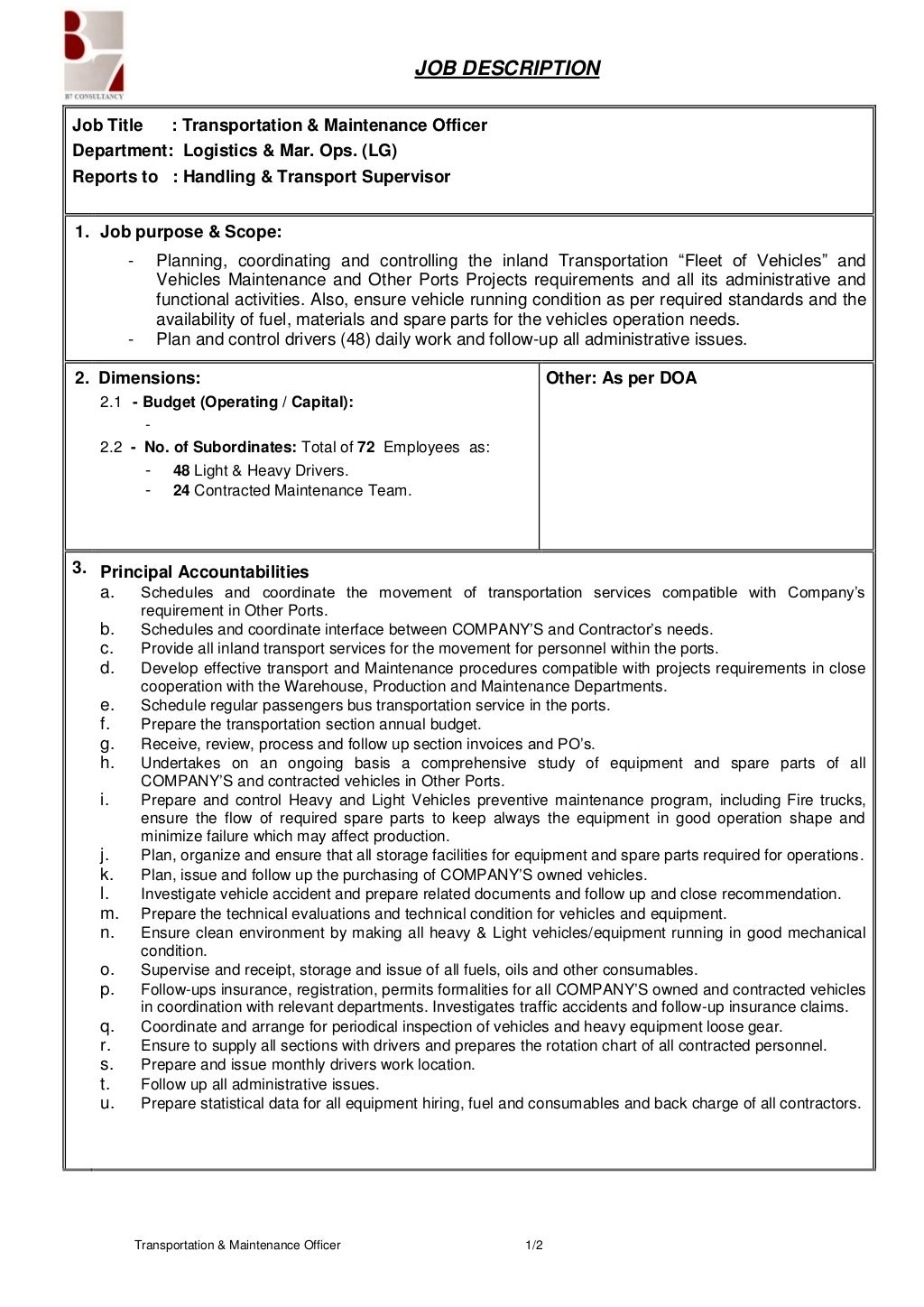 JD - TRANSPORTATION MAINTENANCE OFFICER