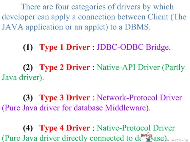 Jdbc architecture and driver types ppt | PPS