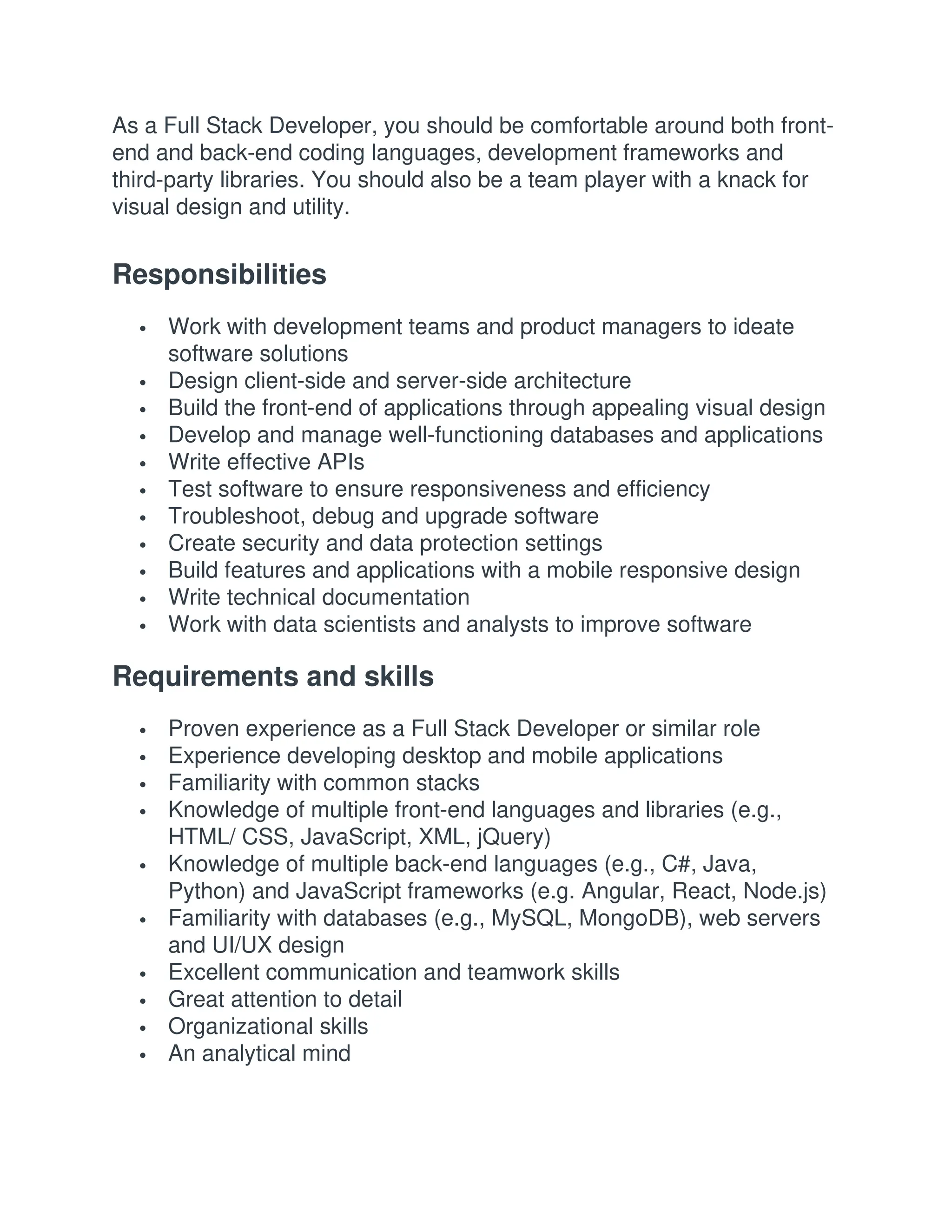 JD for Full Stack Developer.docxjjjjjjjjjjjjjjj | DOCX