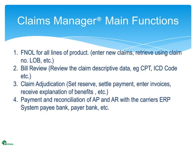JDi Data Claims Management & Policy Administration System Overview | PPTX