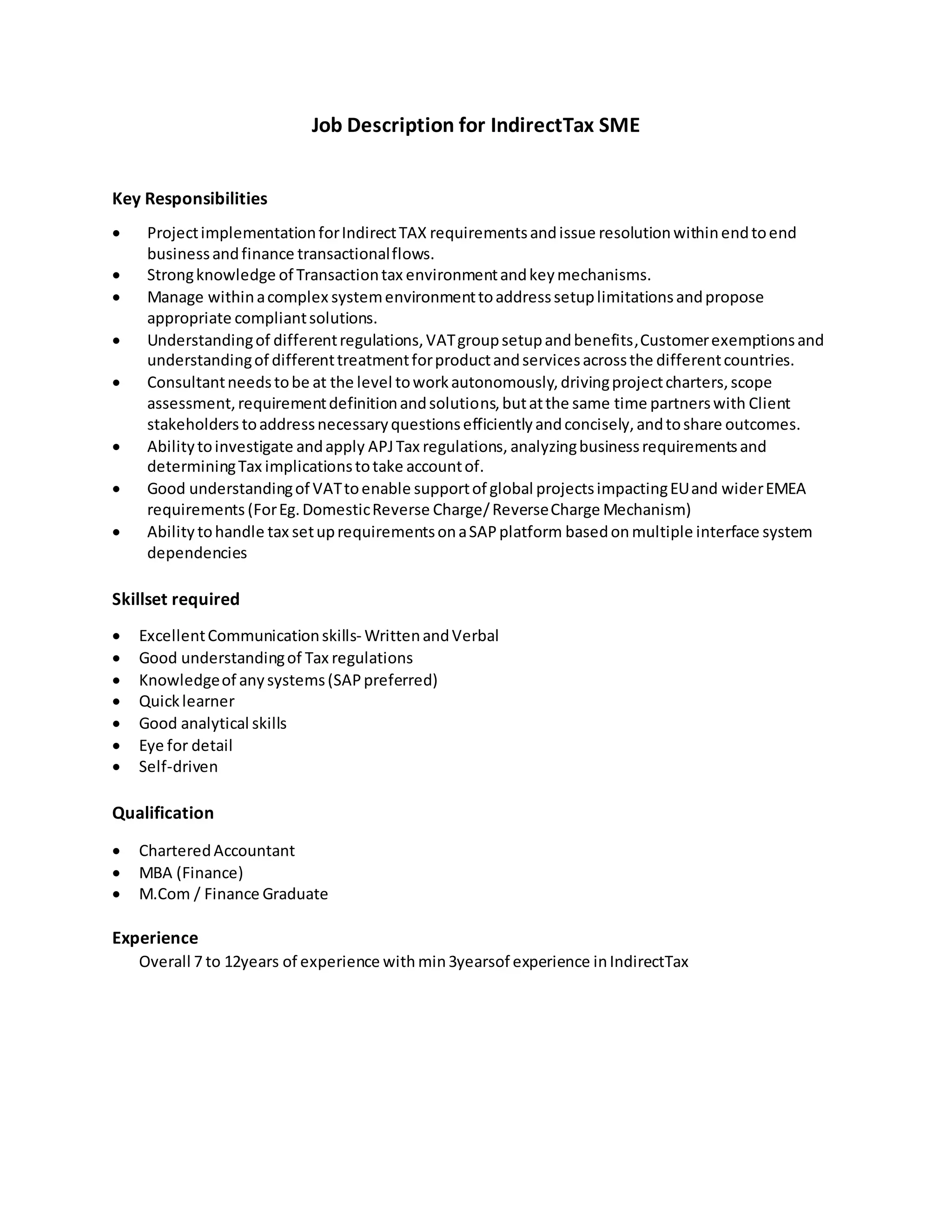 Jd indirect tax sme (2) Hiring for a Big four company | DOCX