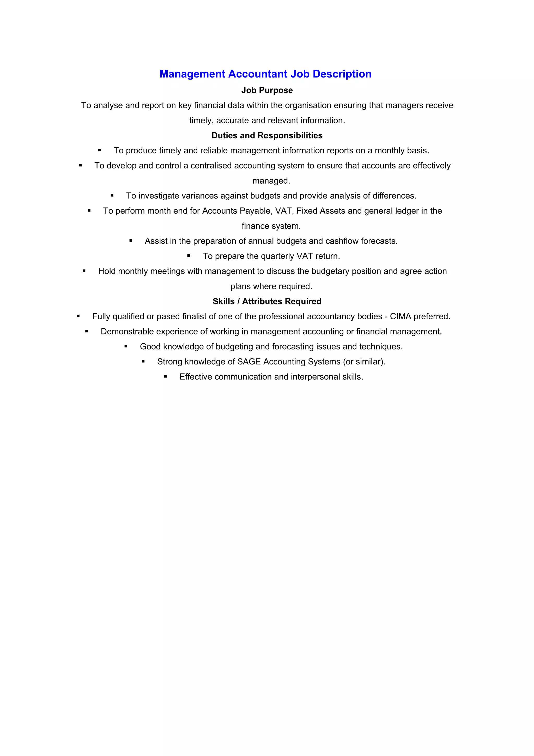 J d management accountant job description | DOC