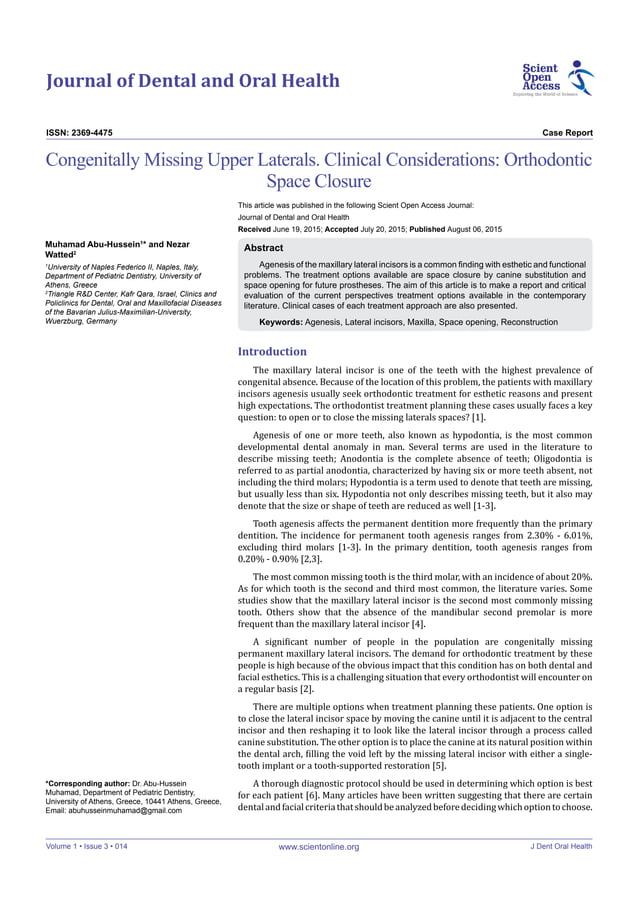 Congenitally Missing Upper Laterals. Clinical Considerations ...