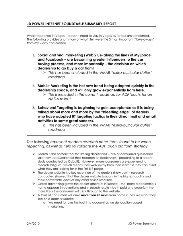 Jd Power Internet Roundtable Summary Report | PDF