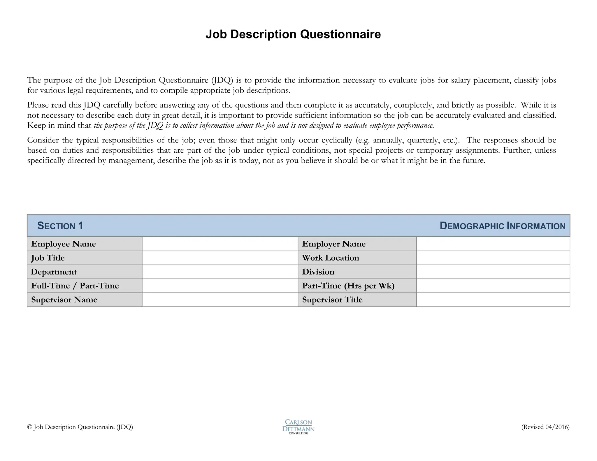 Job Description Update questionnaires to | PDF